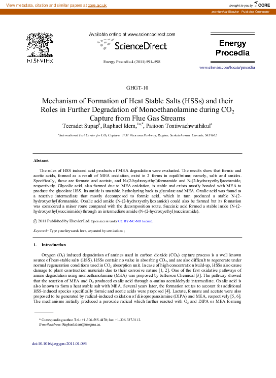 (PDF) Mechanism of formation of heat stable salts (HSSs) and their ...