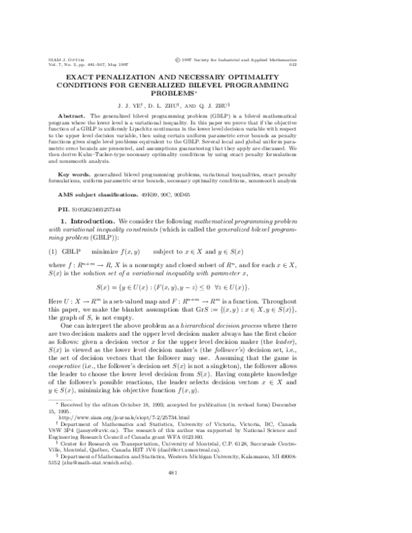 (PDF) Exact Penalization and Necessary Optimality Conditions for Generalized Bilevel Programming ...