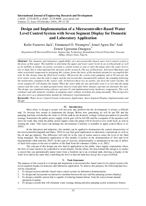 Pdf Design And Implementation Of A Microcontroller Based Water Level