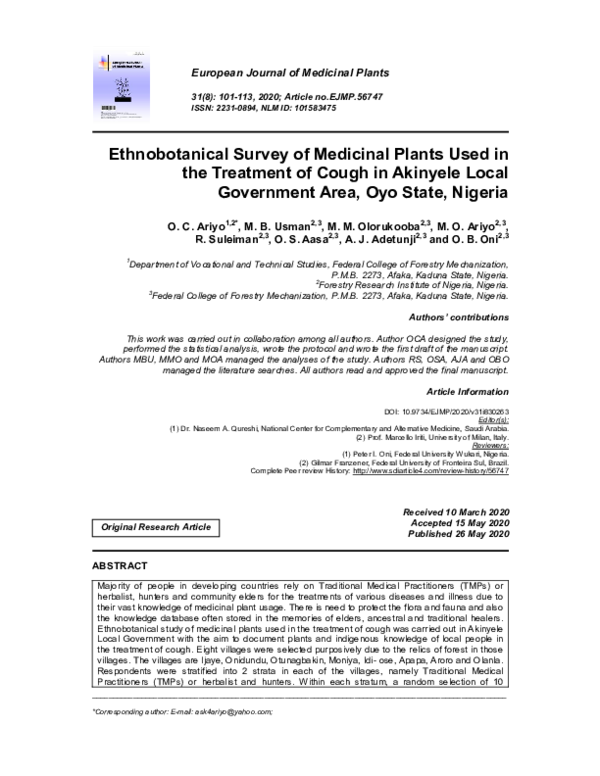 (PDF) Ethnobotanical Survey of Medicinal Plants Used in the Treatment of Cough in Akinyele Local ...