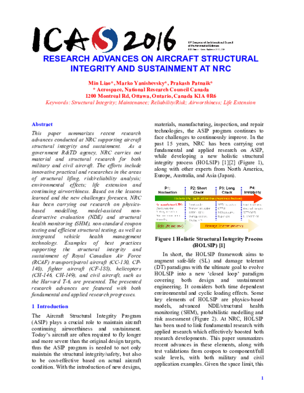 (PDF) Advances on Aircraft Structural Integrity and Sustainment at NRC
