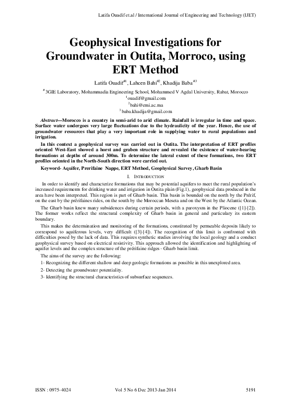 (PDF) Geophysical Investigations for Groundwater in Outita, Morroco, using ERT Method