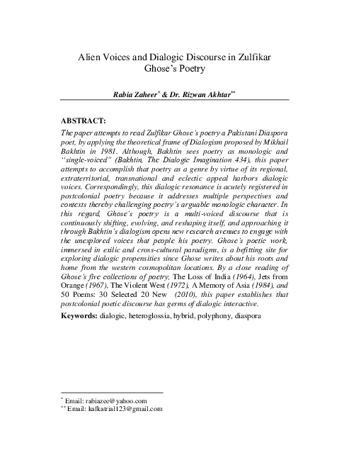 (PDF) Alien Voices and Dialogic Discourse in Zulfikar Ghose’s Poetry