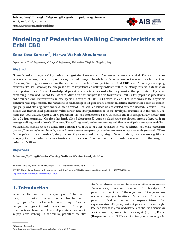 (PDF) Modeling of Pedestrian Walking Characteristics at Erbil CBD