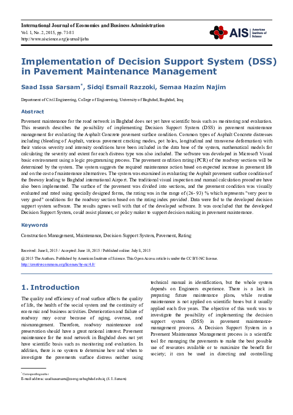 (PDF) Implementation of Decision Support System ( DSS ) in Pavement ...