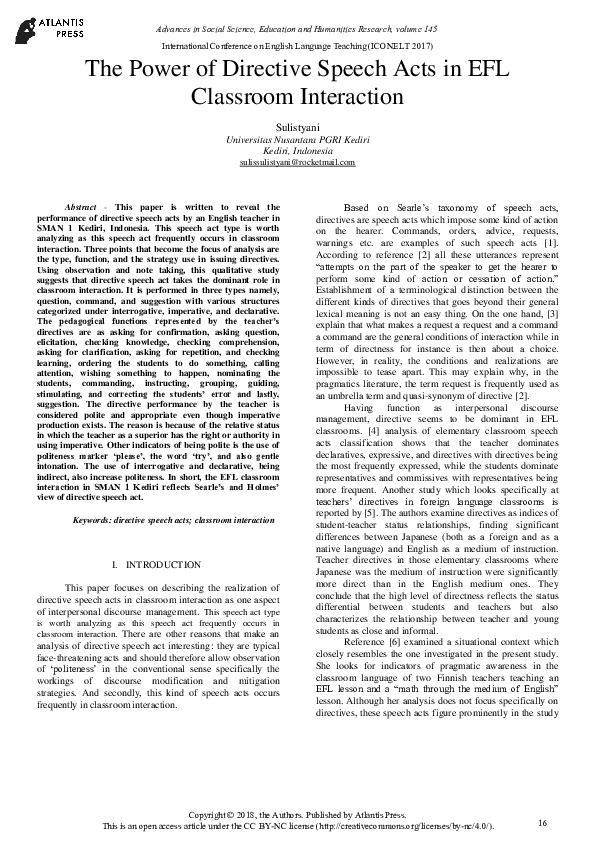 The Power Of Directive Speech Acts In Efl Classroom Interaction
