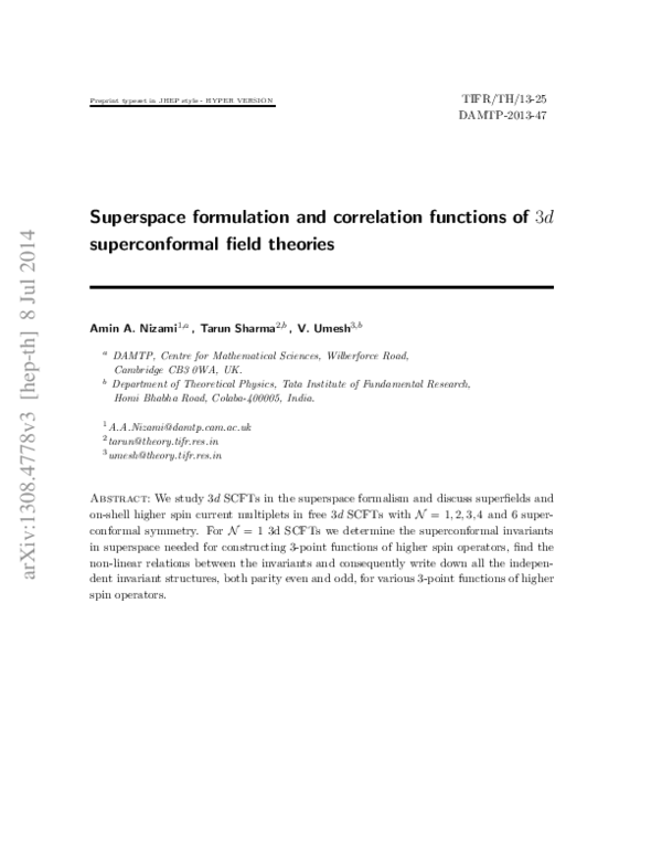 (PDF) Superspace formulation and correlation functions of 3d superconformal field theories