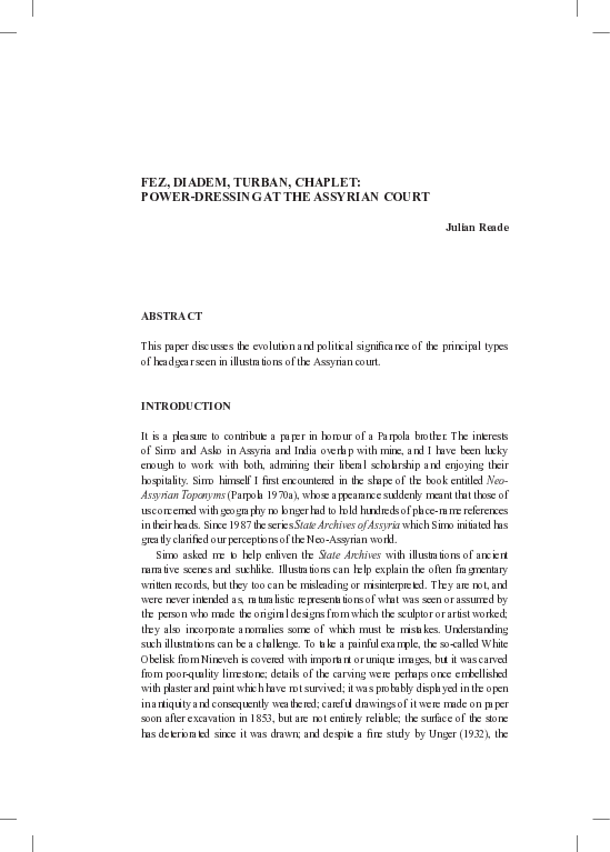 (PDF) Fez, Diadem, Turban, Chaplet: Power-Dressing at the Assyrian Court