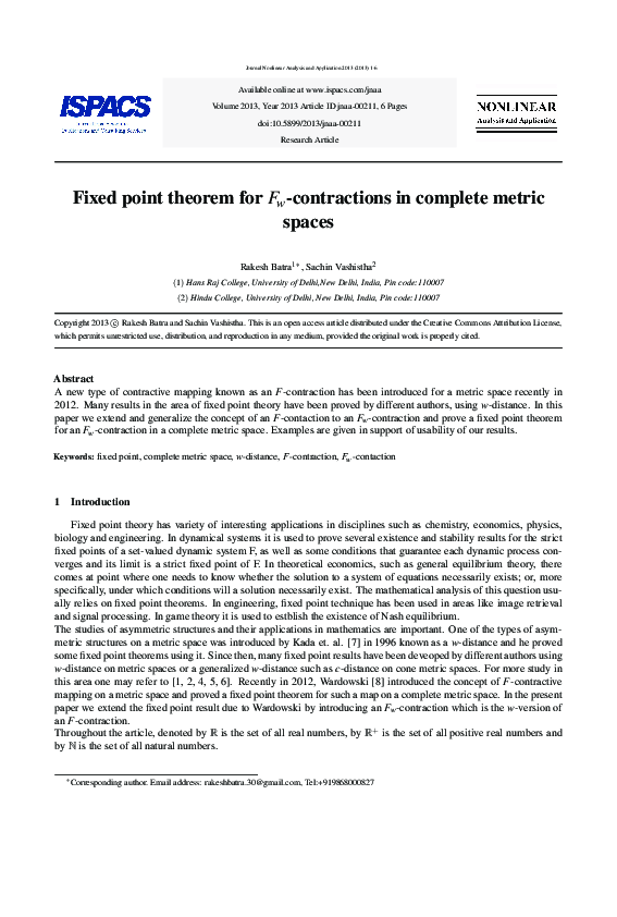 Pdf Fixed Point Theorem For Fw Contractions In Complete Metric Spaces