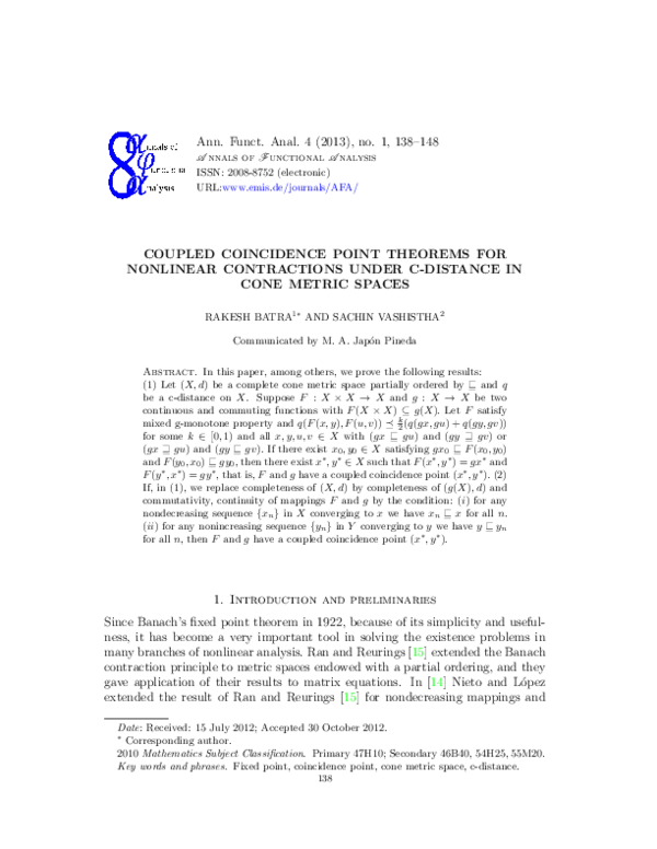 (PDF) Coupled Coincidence Point Theorems for Nonlinear Contractions Under C-Distance in Cone ...