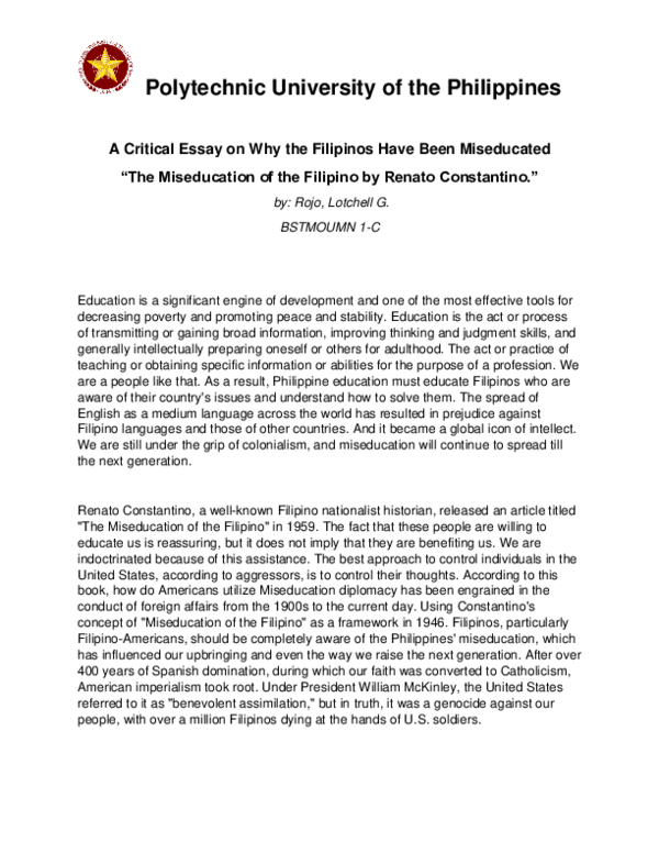(PDF) A Critical Essay on Why the Filipinos Have Been Miseducated "The Miseducation of the ...