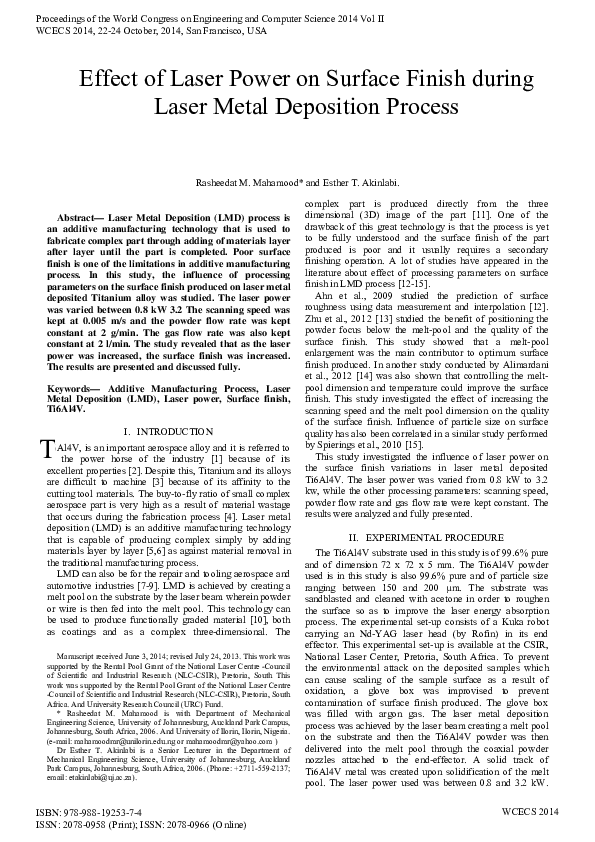 (PDF) Effect of Laser Power on Surface Finish during Laser Metal ...