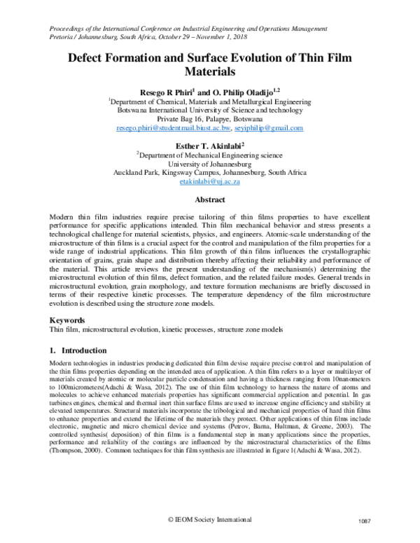 (PDF) Defect formation and surface evolution of thin film materials