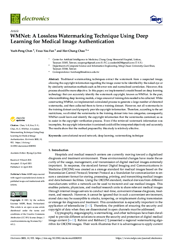 (PDF) WMNet: A Lossless Watermarking Technique Using Deep Learning for Medical Image Authentication