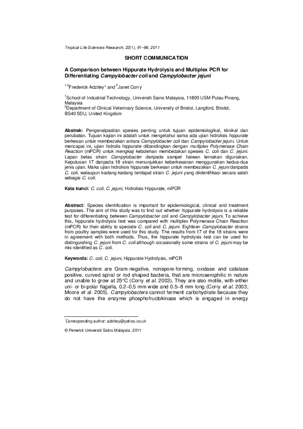 (PDF) A Comparison between Hippurate Hydrolysis and Multiplex PCR for ...