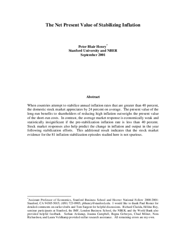 (PDF) The Net Present Value of Stabilizing Inflation