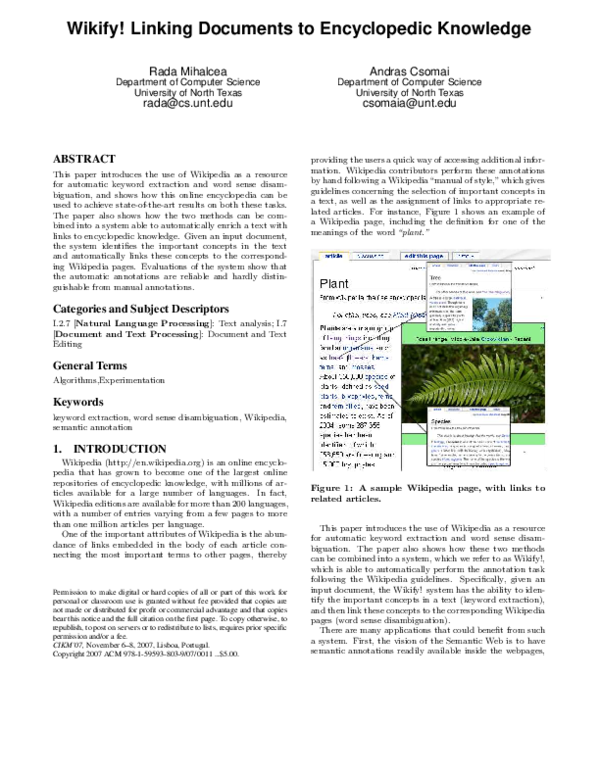 (PDF) Wikify!: linking documents to encyclopedic knowledge