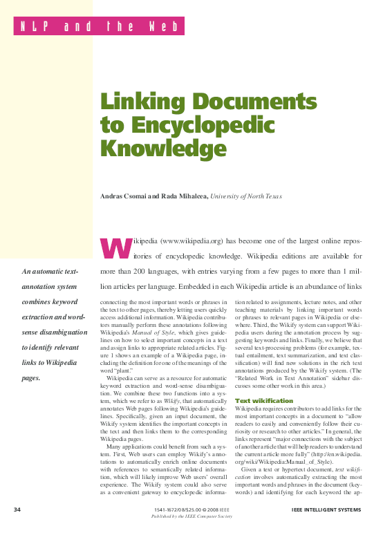 (PDF) Linking documents to encyclopedic knowledge