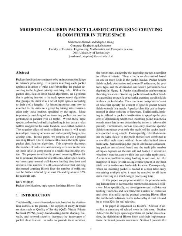 (PDF) Modified collision packet classification using counting bloom filter in tuple space