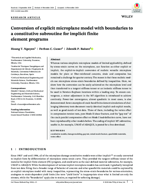 (PDF) Conversion of explicit microplane model with boundaries to a constitutive subroutine for ...