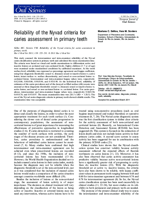 (PDF) Reliability of the Nyvad criteria for caries assessment in ...