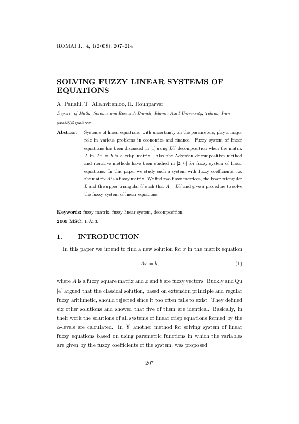 (PDF) Solving Fuzzy Linear Systems of Equations