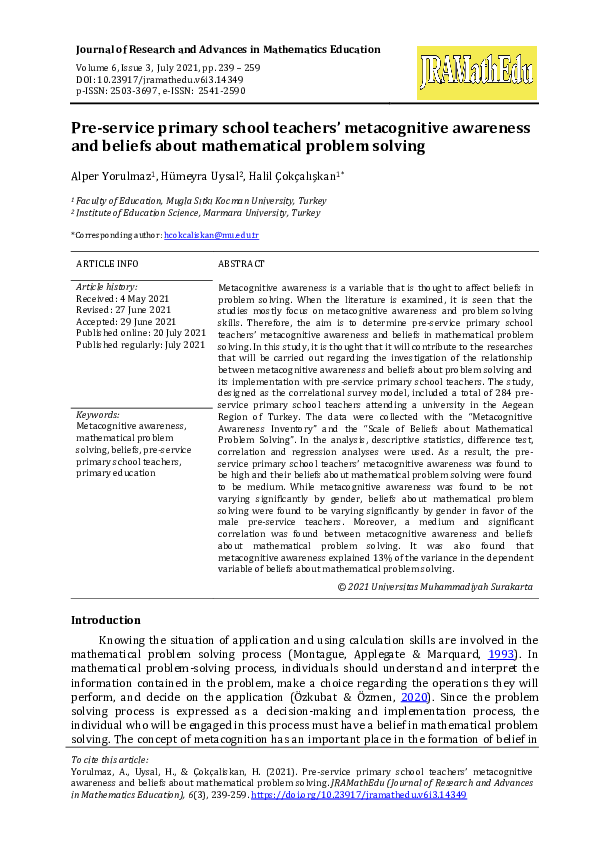 (PDF) Pre-service primary school teachers’ metacognitive awareness and ...