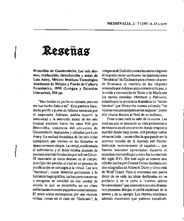 (PDF) Hrosvitha de Gandersheim, Los seis dramas, traducción ...