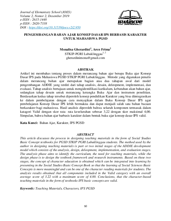 (PDF) Pengembangan Bahan Ajar Konsep Dasar IPS Berbasis Karakter untuk Mahasiswa PGSD