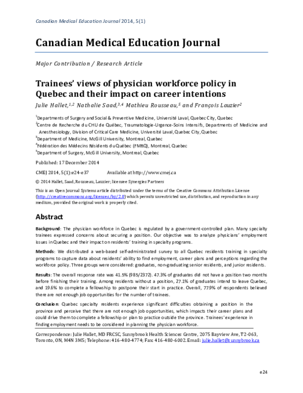 (PDF) Canadian Medical Education Journal Trainees' views of physician ...