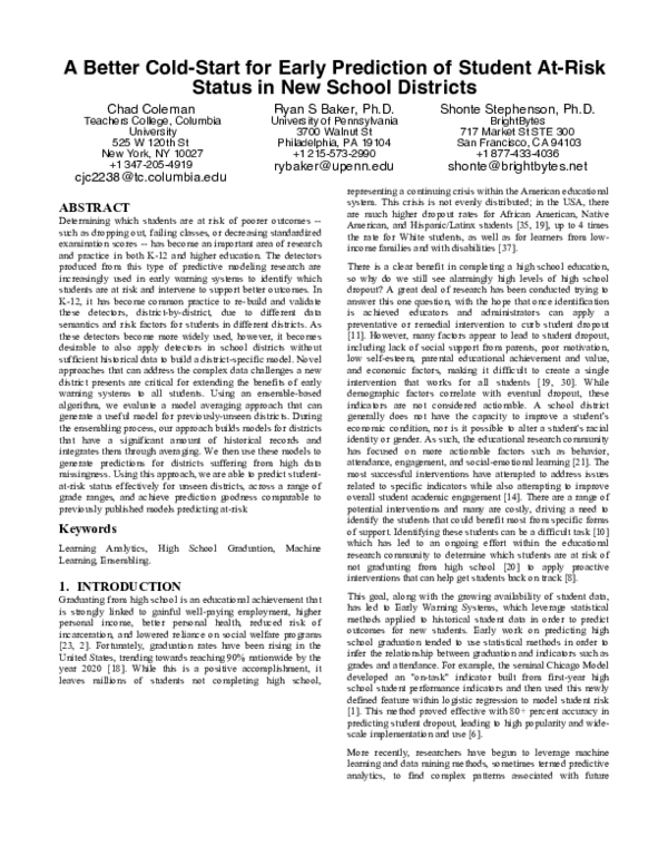(PDF) A Better Cold-Start for Early Prediction of Student At-Risk ...