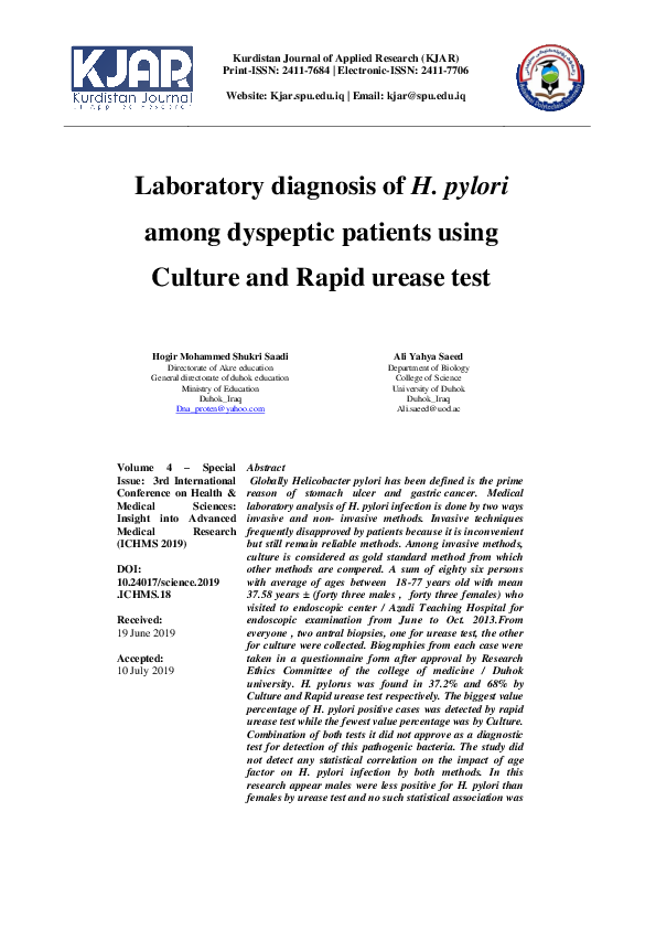 (PDF) Laboratory diagnosis of H. pylori among dyspeptic patients using ...
