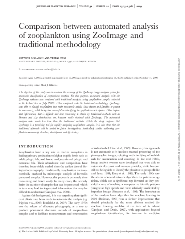 (PDF) Comparison between automated analysis of zooplankton using ZooImage and traditional ...