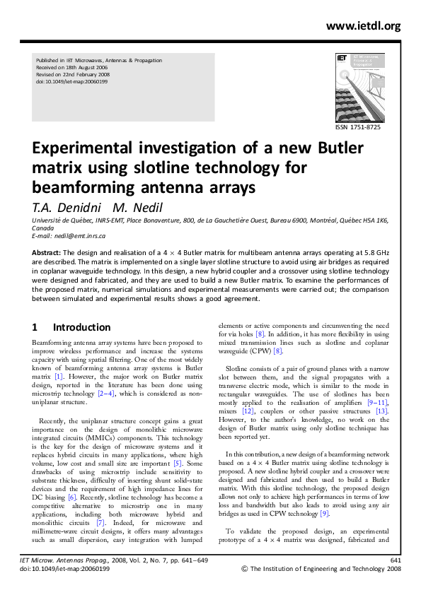 (PDF) Experimental investigation of a new Butler matrix using slotline ...