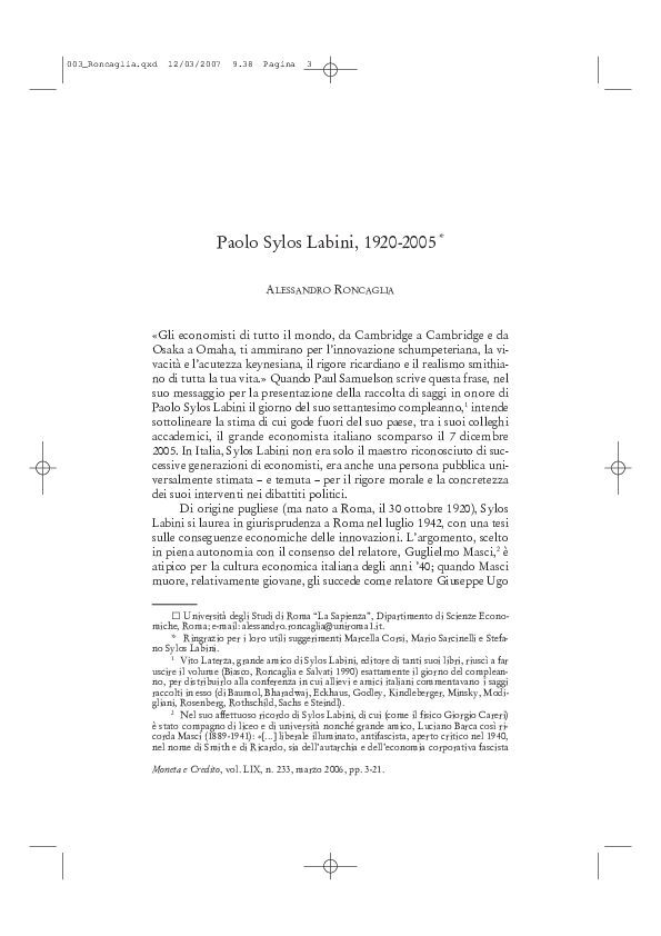 (PDF) Paolo Sylos Labini, 1920-2005