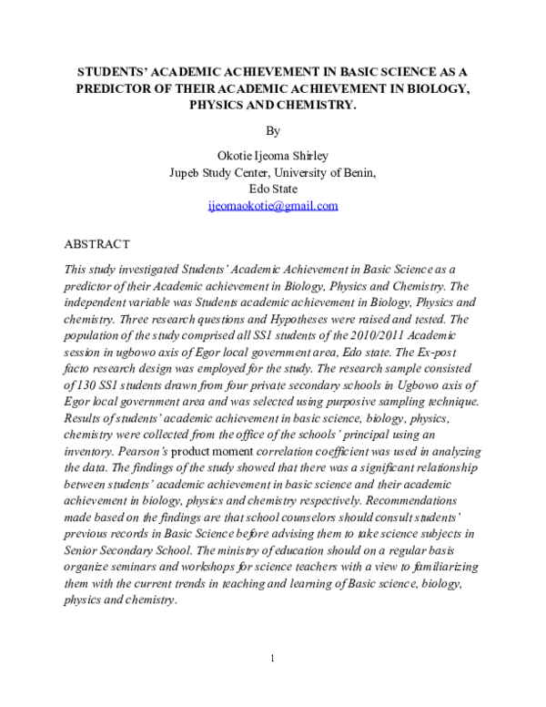 (DOC) STUDENTS' ACADEMIC ACHIEVEMENT IN BASIC SCIENCE AS A PREDICTOR OF ...