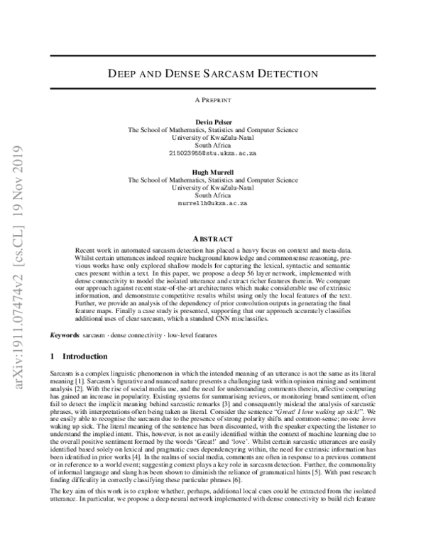 Pdf Deep And Dense Sarcasm Detection Hugh Murrell