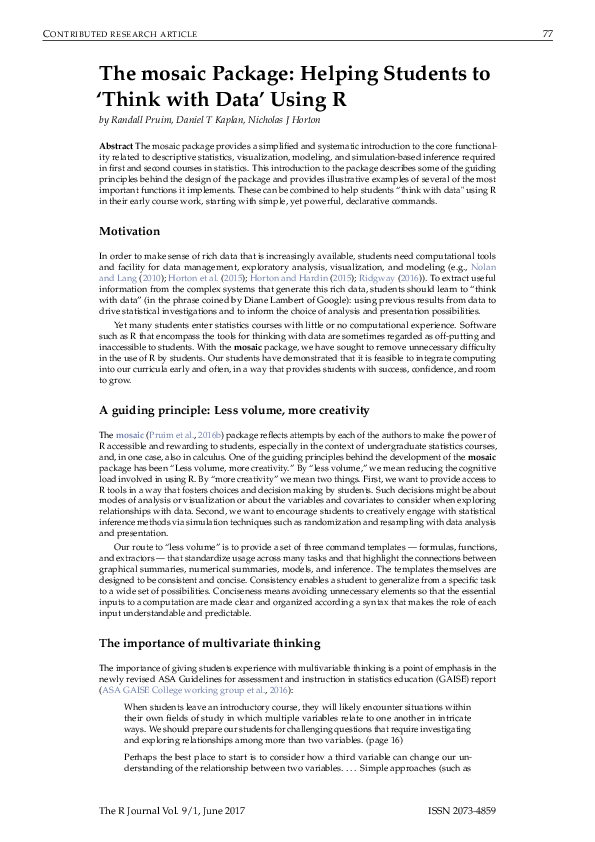 (PDF) The mosaic Package: Helping Students to Think with Data Using R ...