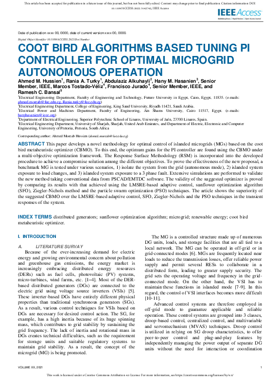 Pdf Coot Bird Algorithms Based Tuning Pi Controller For Optimal