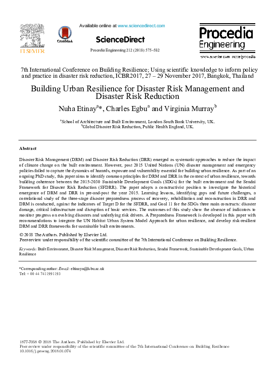(PDF) Building Urban Resilience for Disaster Risk Management and ...