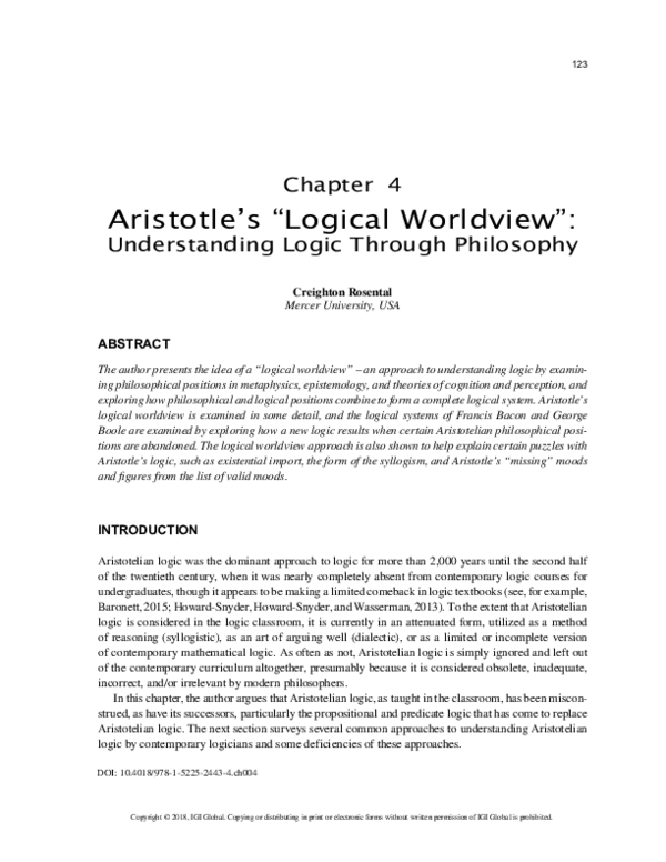 (PDF) Aristotle's “Logical Worldview”: Understanding Logic Through Philosophy