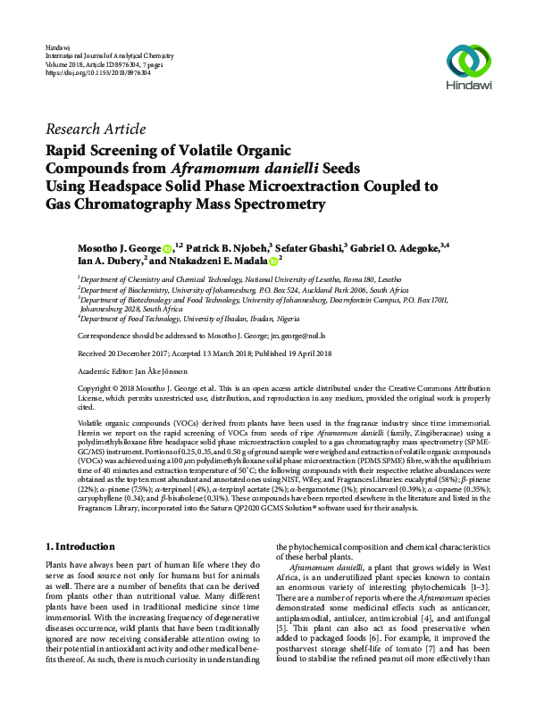 (PDF) Rapid Screening of Volatile Organic Compounds from Aframomum danielli Seeds Using ...