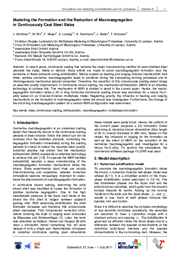 (PDF) Modeling the Formation and the Reduction of Macrosegregation in Continuously Cast Steel Slabs