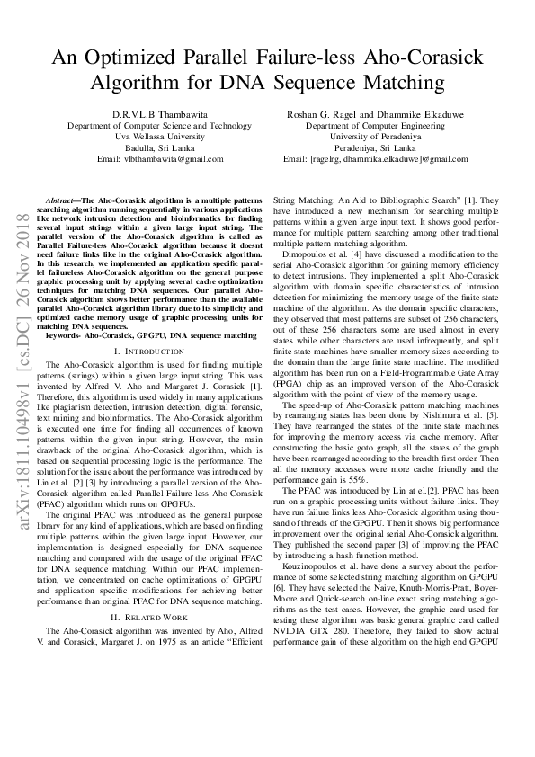 (PDF) An optimized Parallel Failure-less Aho-Corasick algorithm for DNA sequence matching