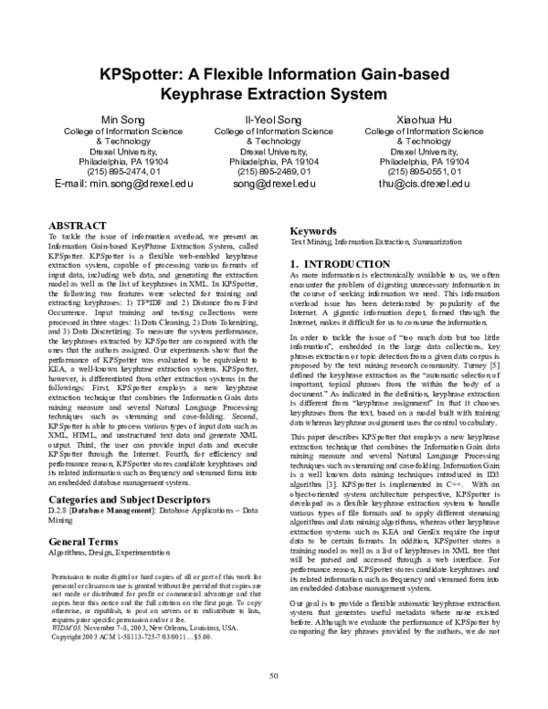 (PDF) KPSpotter: a flexible information gain-based keyphrase extraction system