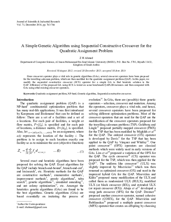 Pdf A Simple Genetic Algorithm Using Sequential Constructive Crossover For The Quadratic