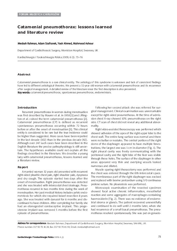 (PDF) Catamenial pneumothorax: lessons learned and literature review ...