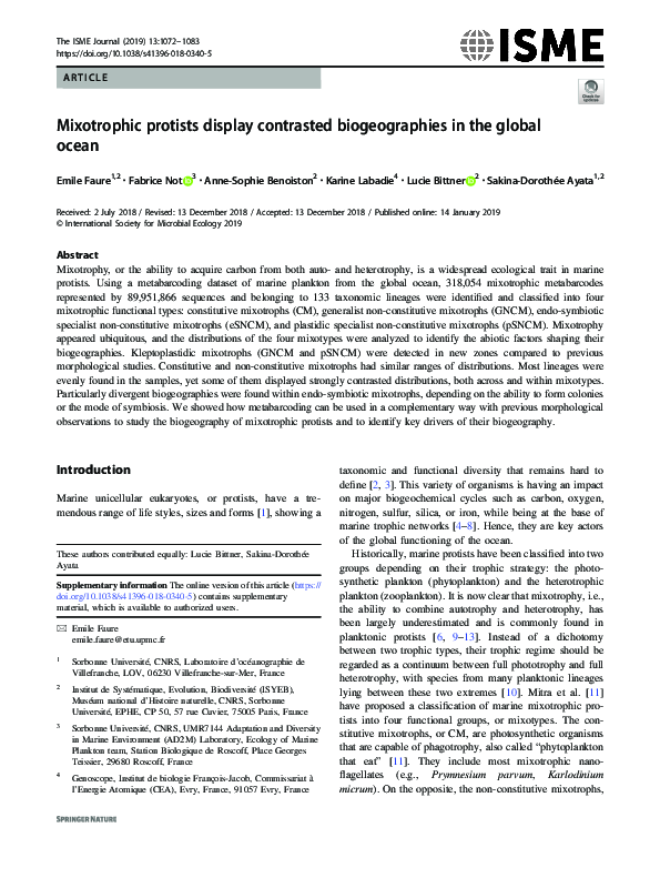 (PDF) Mixotrophic protists display contrasted biogeographies in the ...