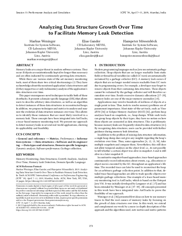 Pdf Analyzing Data Structure Growth Over Time To Facilitate Memory Leak Detection Markus