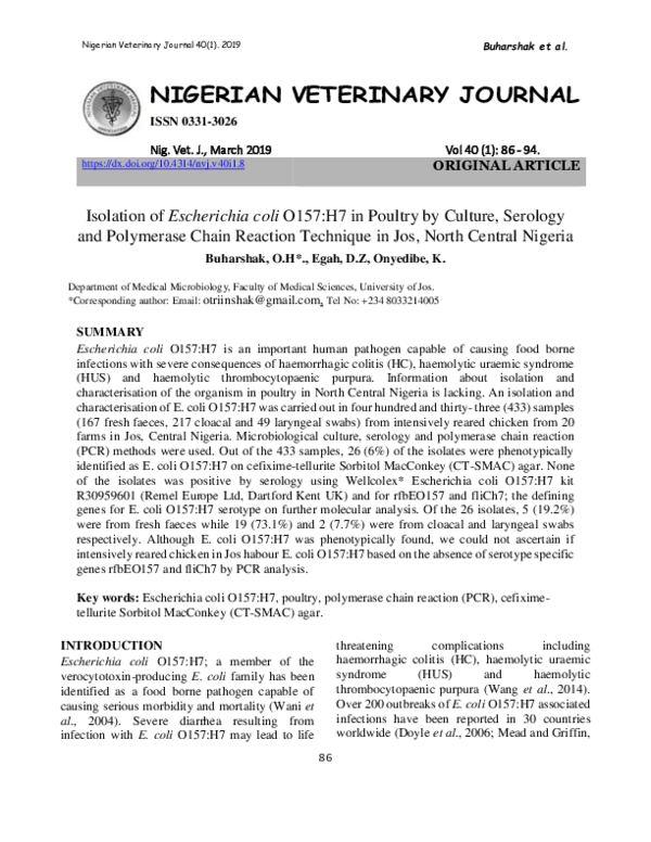 Pdf Isolation Of Escherichia Coli O157 H7 In Poultry By Culture Serology And Polymerase Chain
